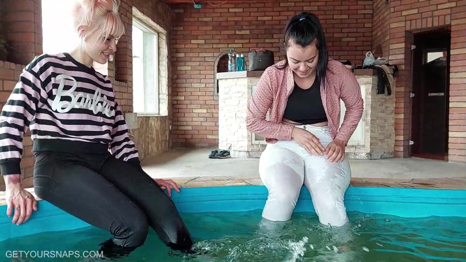 Pinkie and Lara first time in the pool - Girls in Wet Clothes